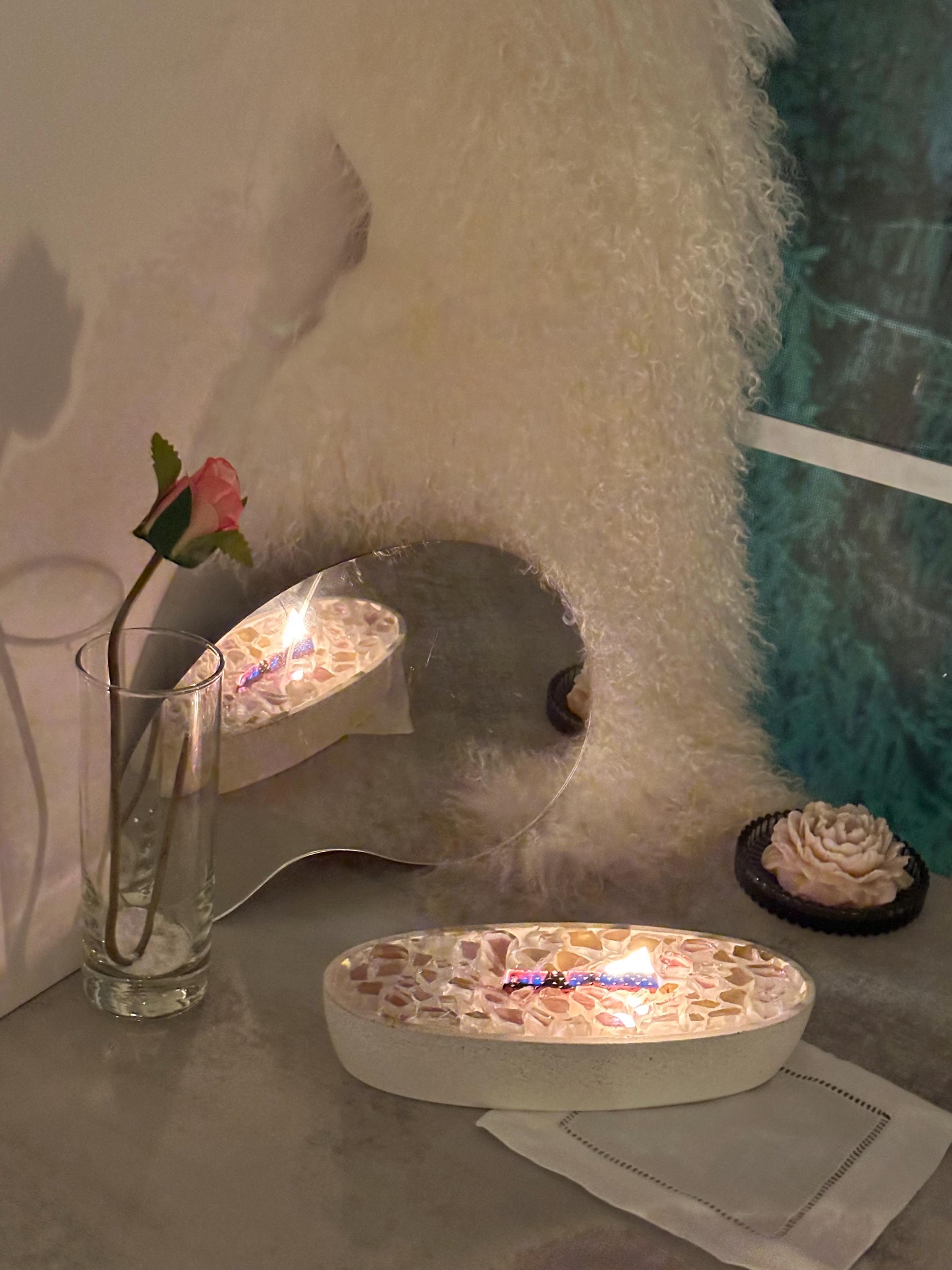 Pink Fire Glass Candle, Concrete Bowl, Wood Wick, Hotel Scent - Etsy