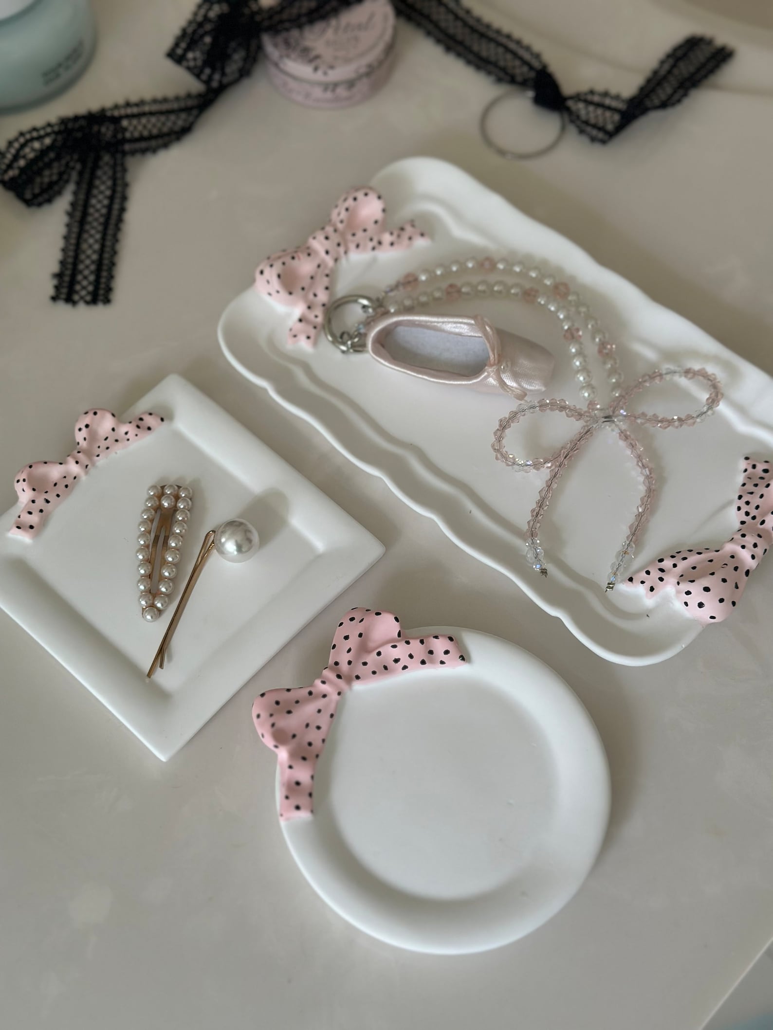 Black Dots Pink Bow Tray, Jewelry Dish, Bow Ring Holder, Trinket Dishes ...