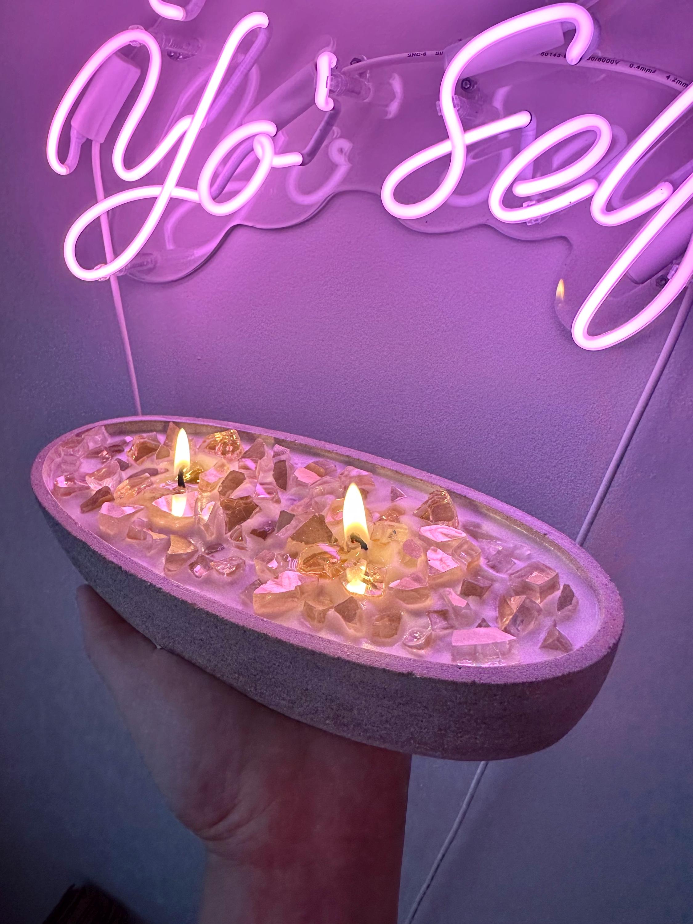 Fire Glass Dough Bowl Candle, Concrete Oval Bowl, Mini Fire Pit Candles ...