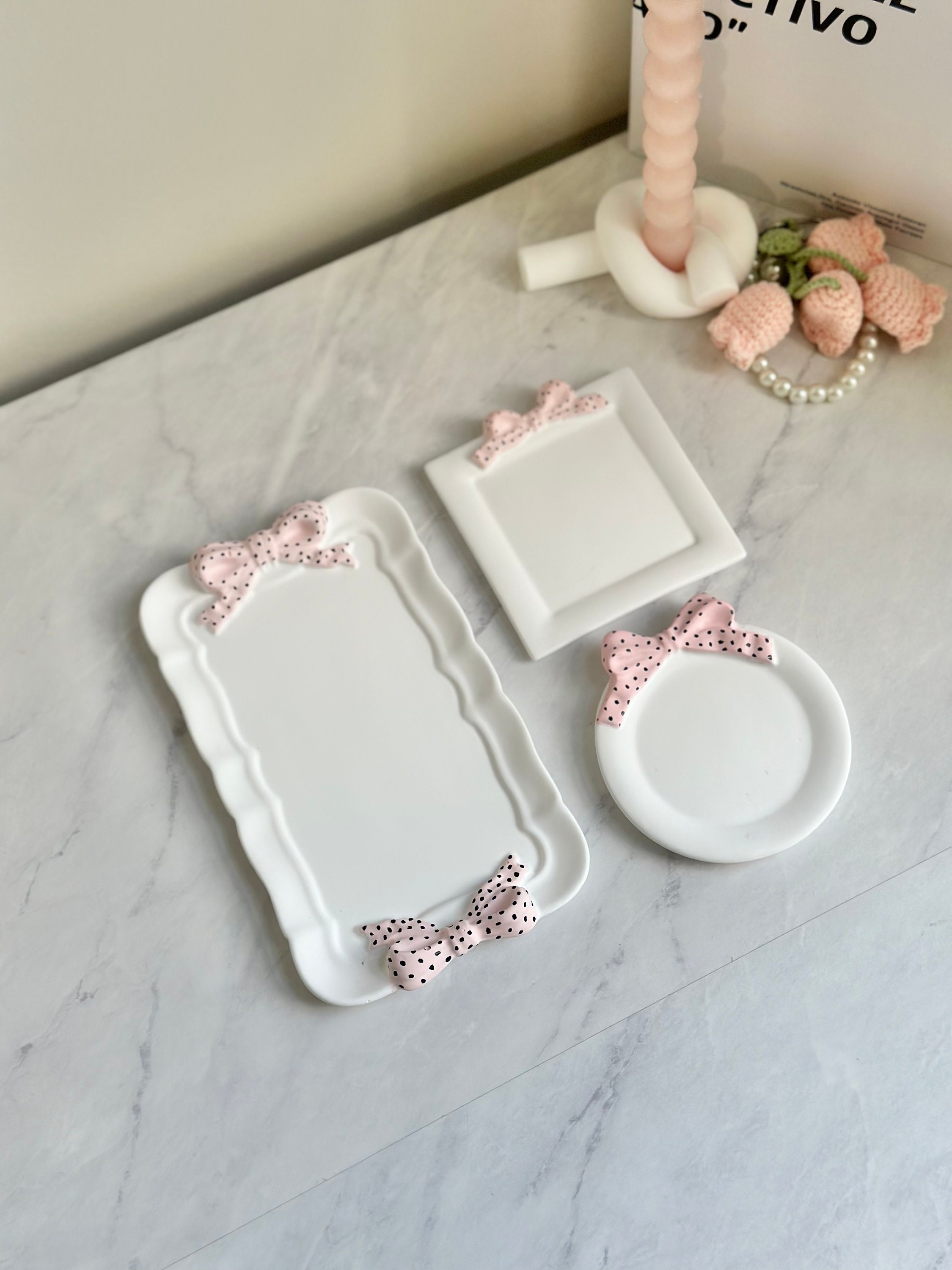 Black Dots Pink Bow Tray, Jewelry Dish, Bow Ring Holder, Trinket Dishes ...