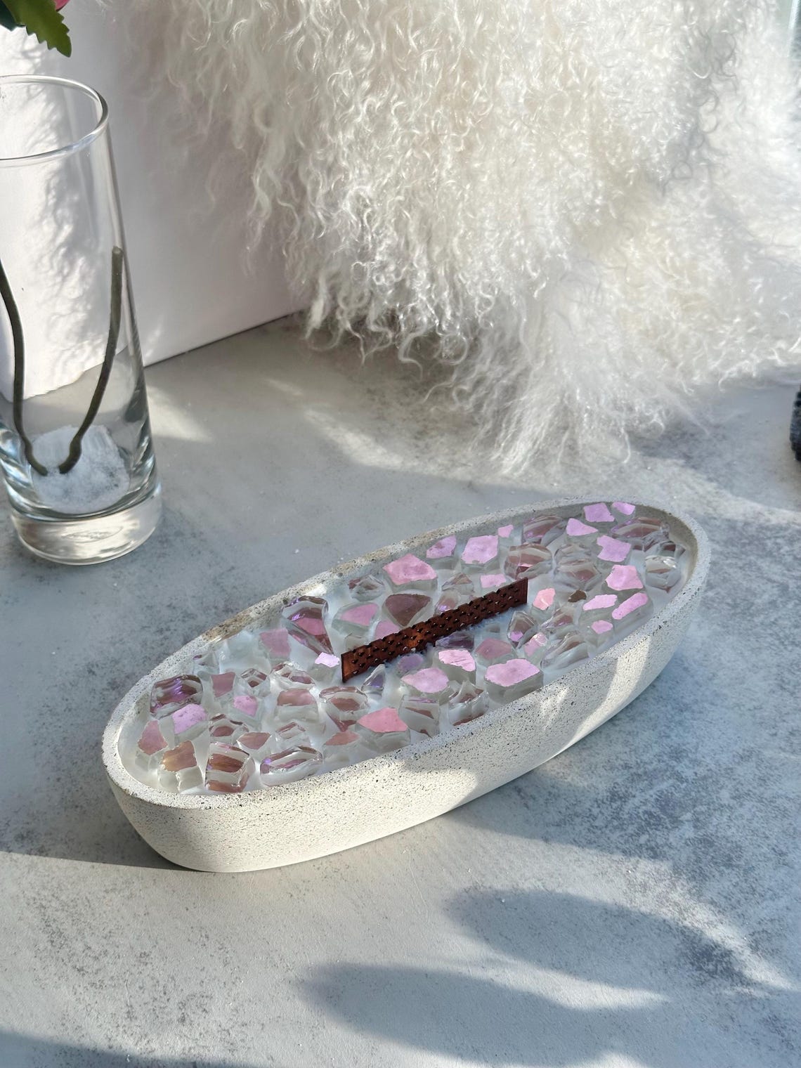 Pink Fire Glass Candle, Concrete Bowl, Wood Wick, Hotel Scent - Etsy