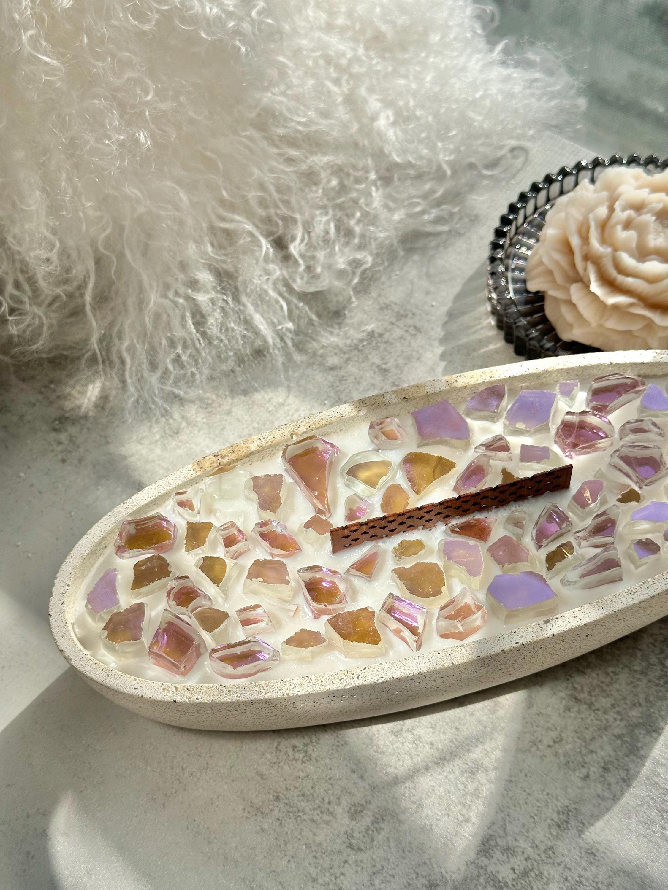 Pink Fire Glass Candle, Concrete Bowl, Wood Wick, Hotel Scent - Etsy
