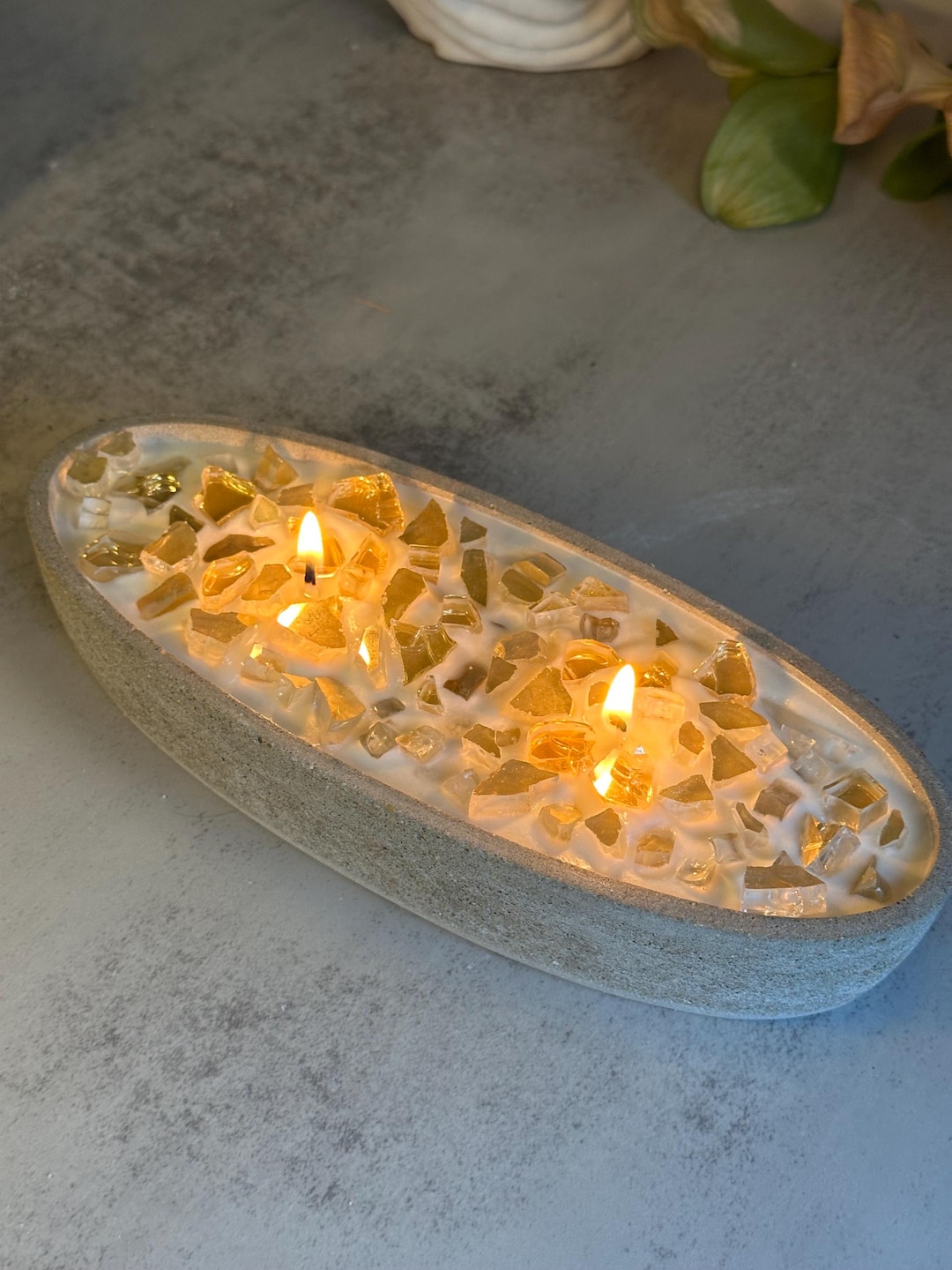Fire Glass Dough Bowl Candle, Concrete Oval Bowl, Mini Fire Pit Candles ...