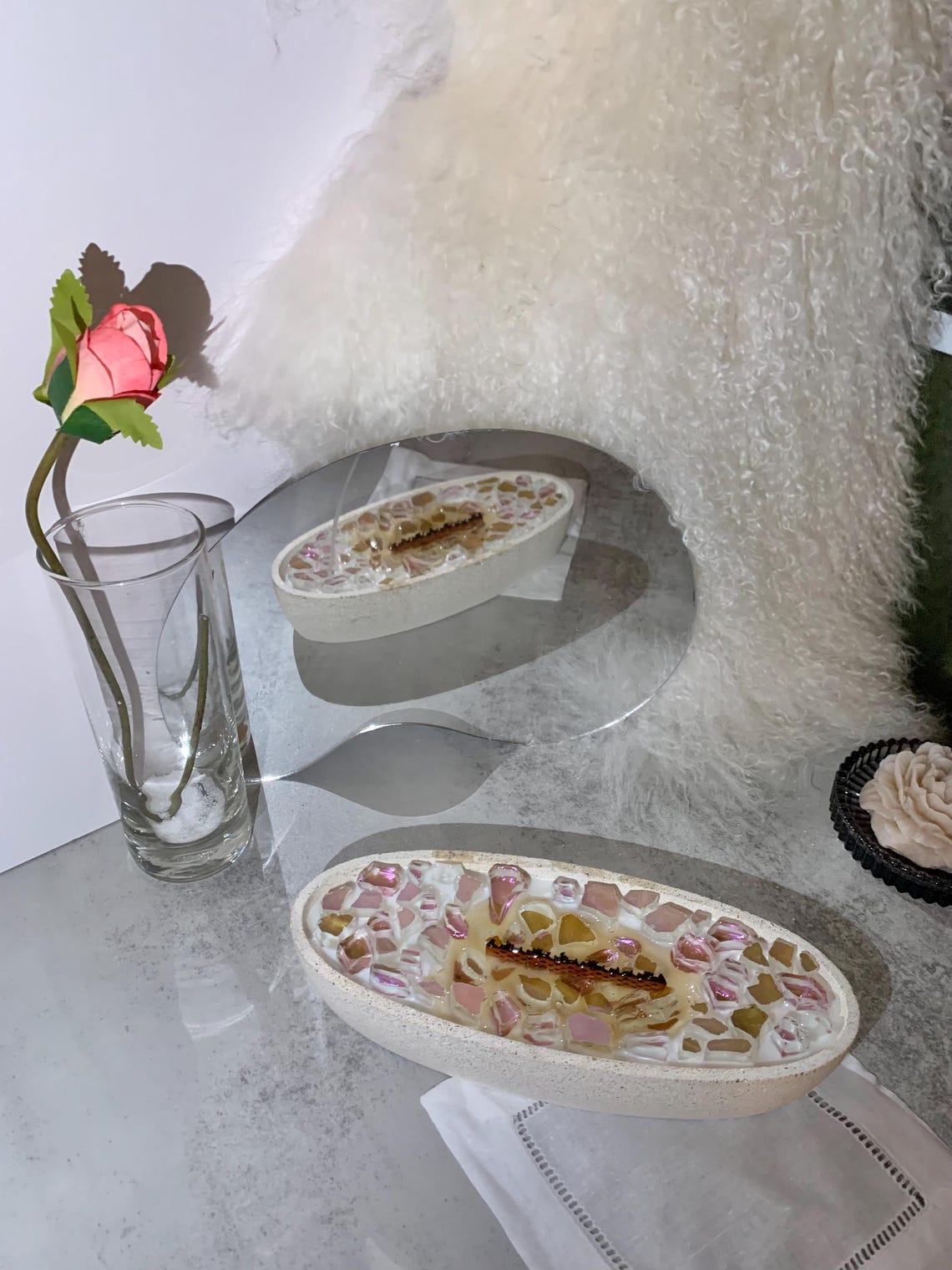 Pink Fire Glass Candle, Concrete Bowl, Wood Wick, Hotel Scent - Etsy
