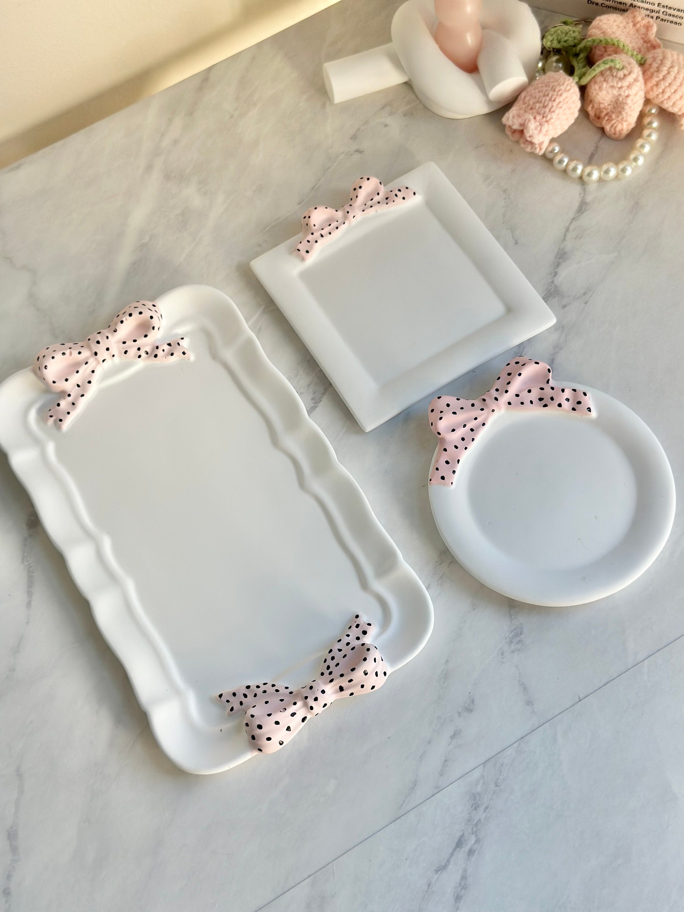 Black Dots Pink Bow Tray, Jewelry Dish, Bow Ring Holder, Trinket Dishes ...