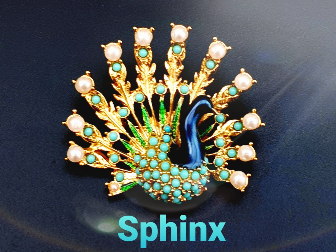 Sphinx Vintage Peacock Brooch With Faux Pearls and Turquoise. Gold ...