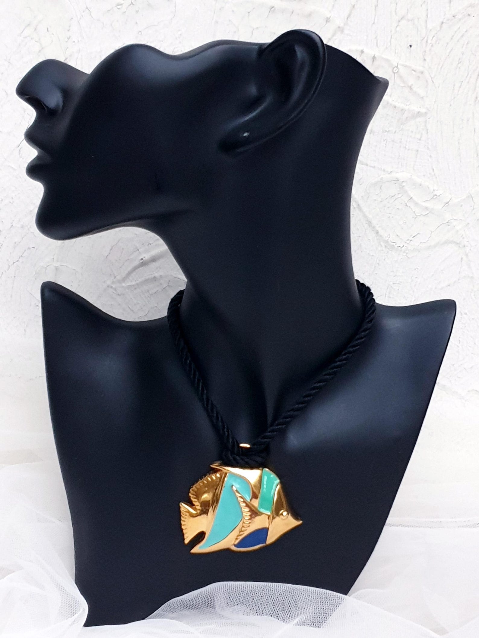 ESCADA RARE 1980s Vintage Angel Fich Pendant on a Rope Necklace Gold ...