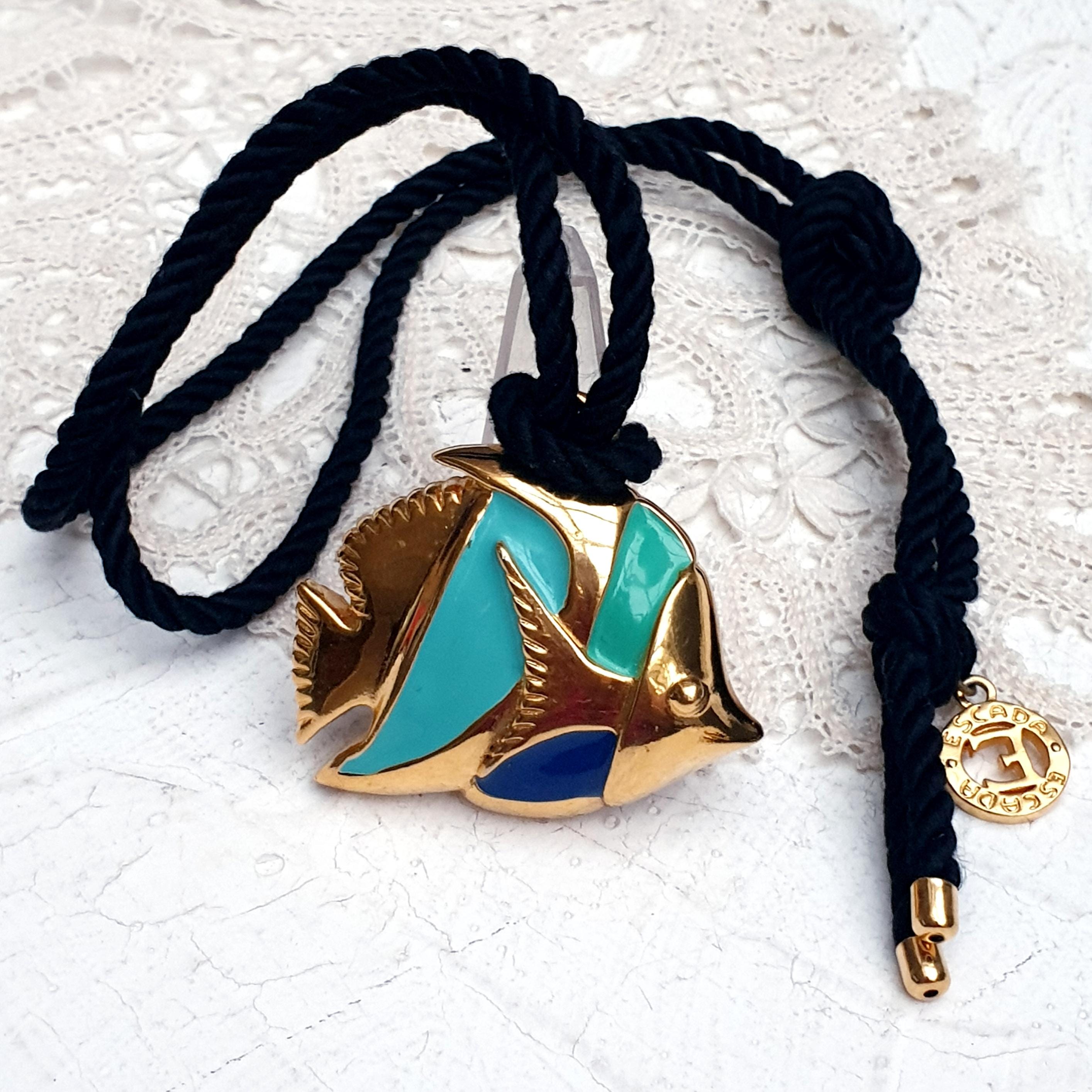 ESCADA RARE 1980s Vintage Angel Fich Pendant on a Rope Necklace Gold ...
