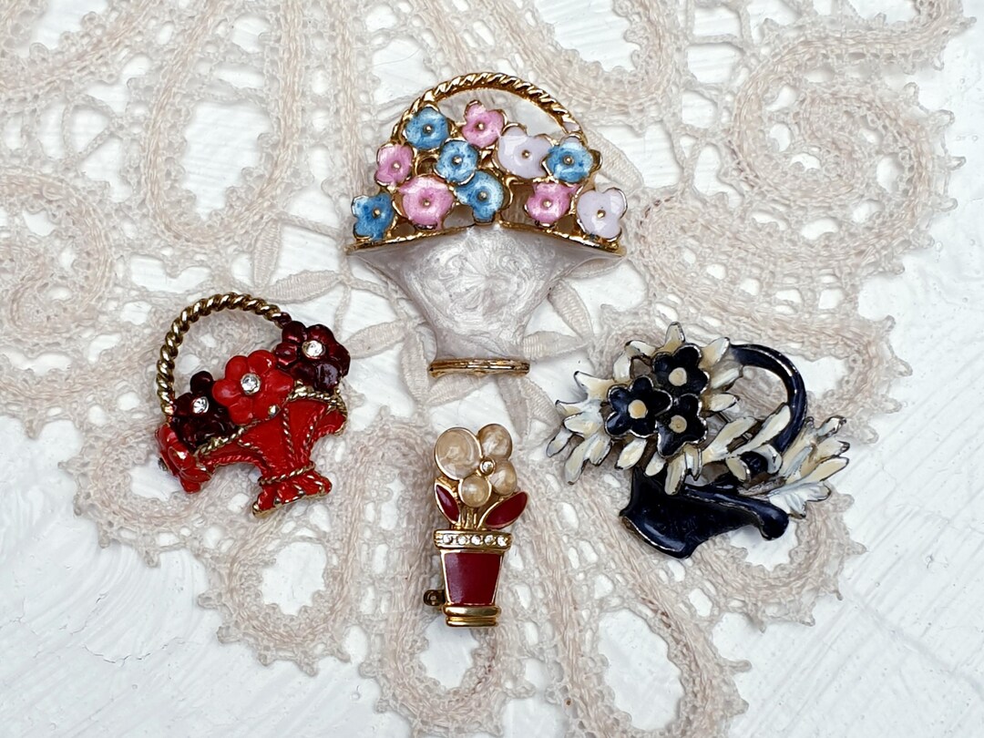 Four Vintage Enamel Flowers Basket Brooches. Adorable Small Vintage Lot ...