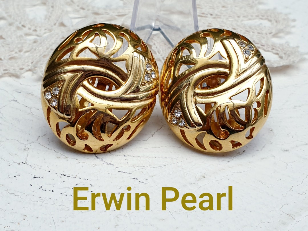 Erwin Pearl Vintage Large Openwork Gold Tone Clip-on Earrings. Signed E ...