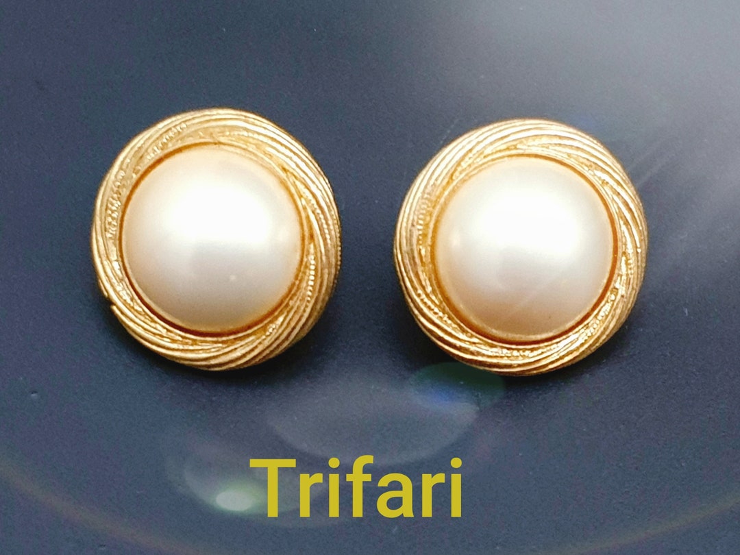 Trifari Vintage Gold Plated Earrings With Large Faux Pearls. Signed ...