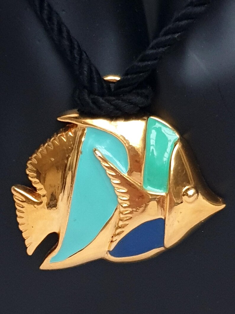 ESCADA RARE 1980s Vintage Angel Fich Pendant on a Rope Necklace Gold ...