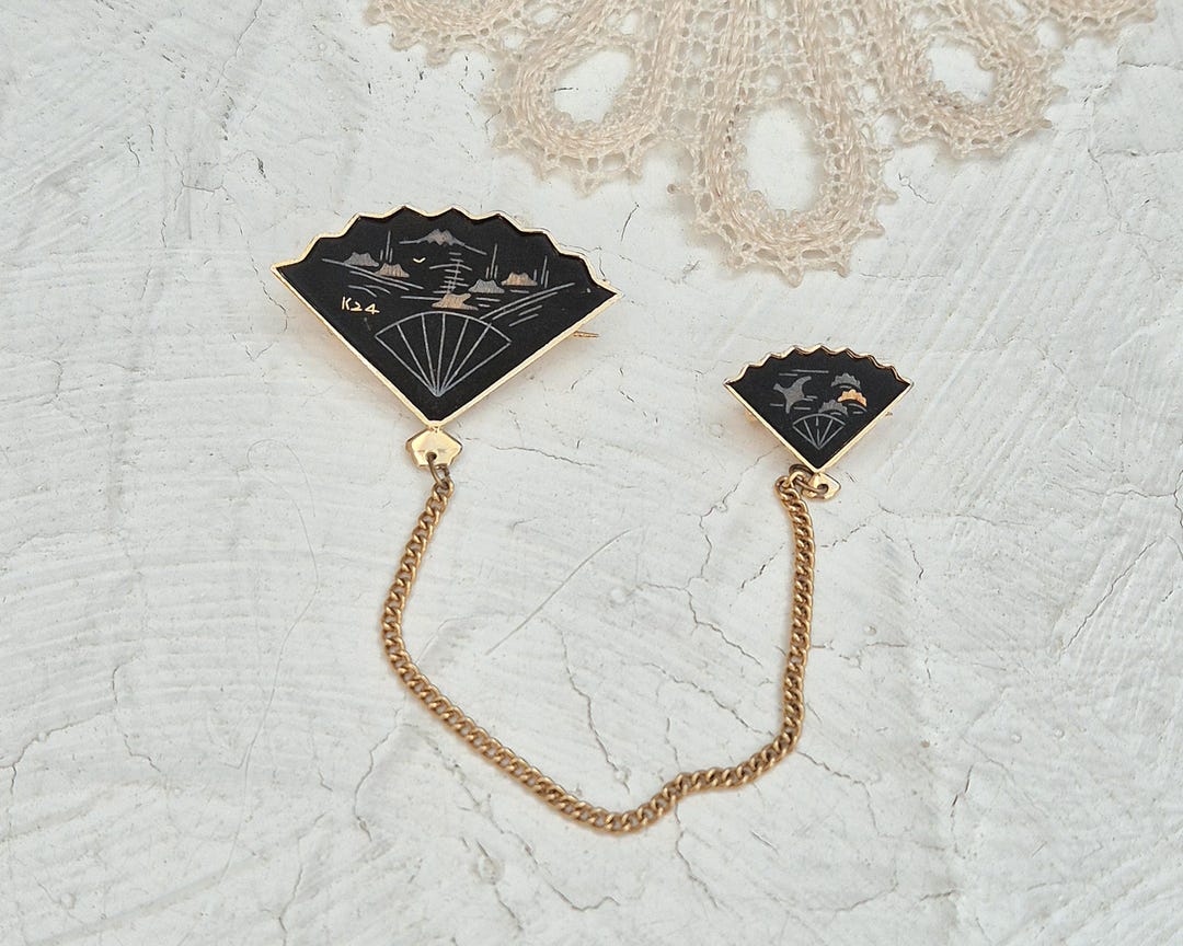Amita Vintage Japanese Damascene Shakudo Fan Shaped Chatelaine Brooch ...