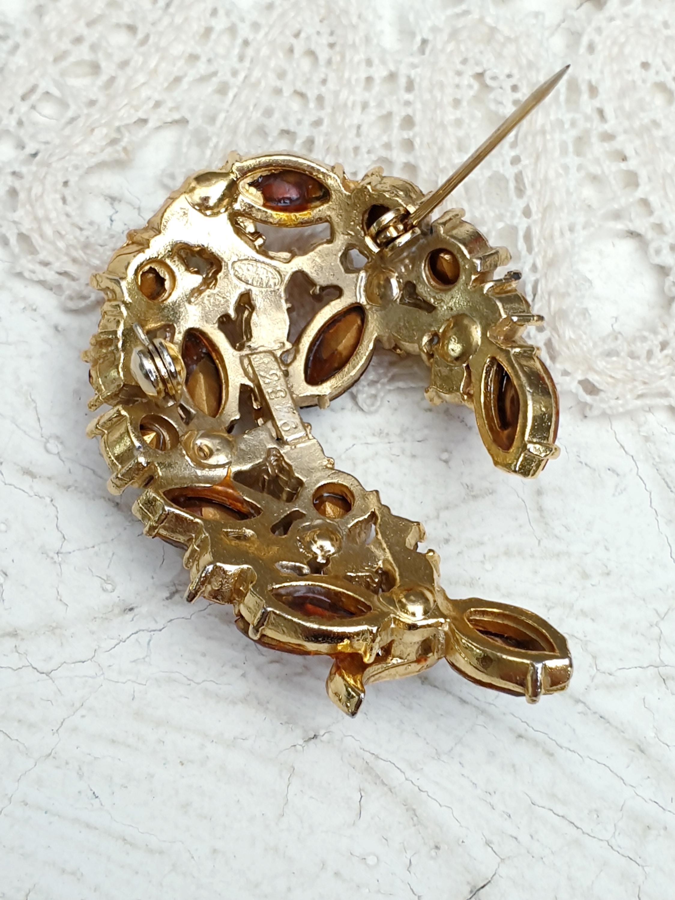 Sphinx Vintage Crescent Moond Brooch With Orange Red, Topaz Yellow and ...