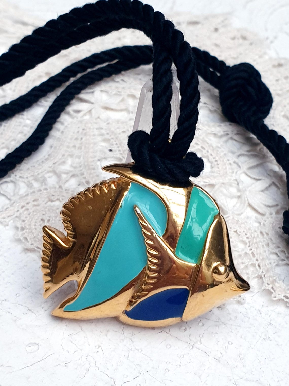 ESCADA RARE 1980s Vintage Angel Fich Pendant on a Rope Necklace Gold ...