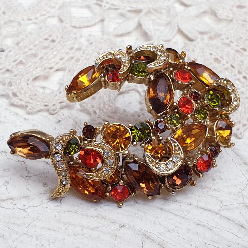 Sphinx Vintage Crescent Moond Brooch With Orange Red, Topaz Yellow and ...