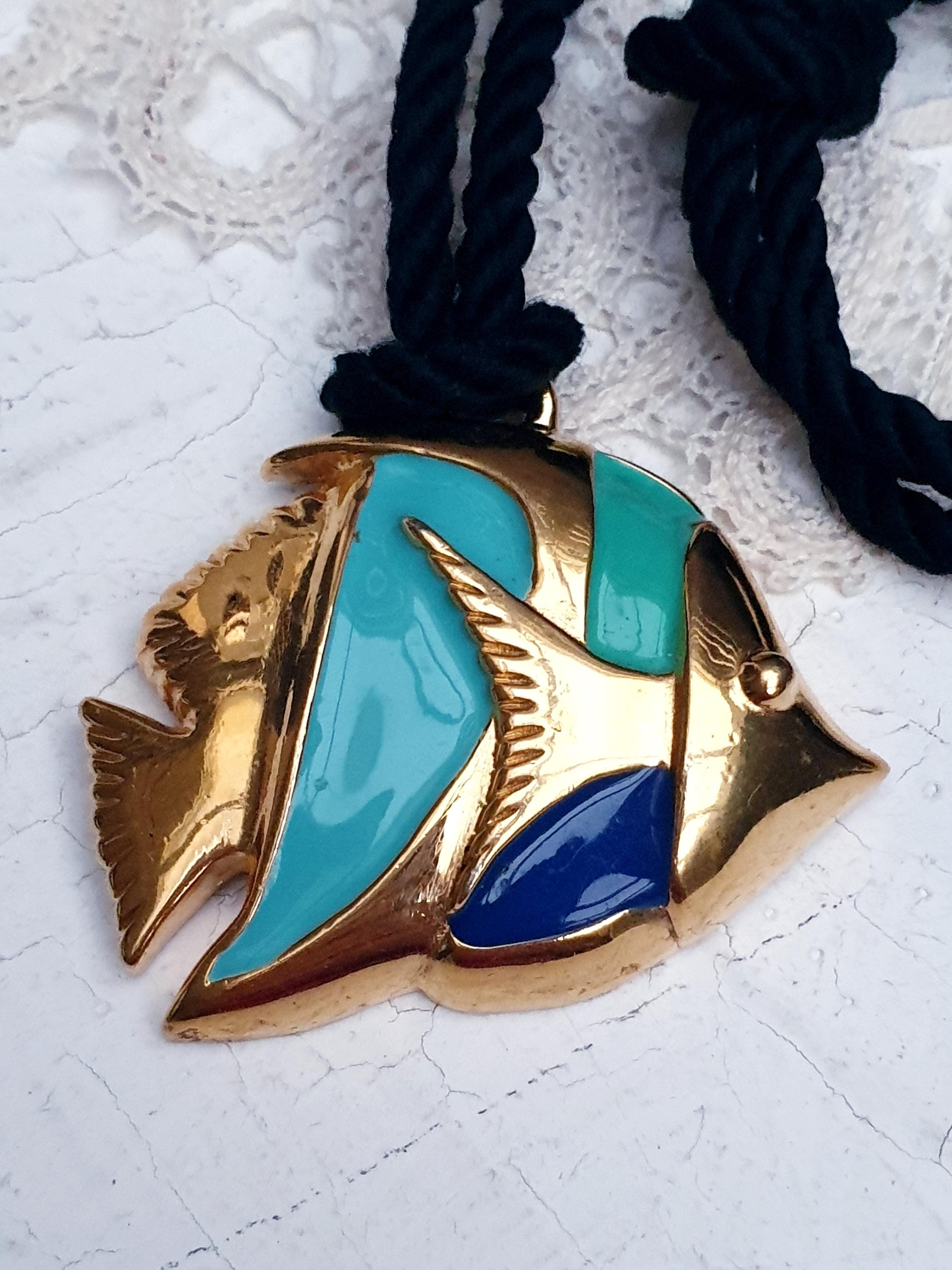 ESCADA RARE 1980s Vintage Angel Fich Pendant on a Rope Necklace Gold ...