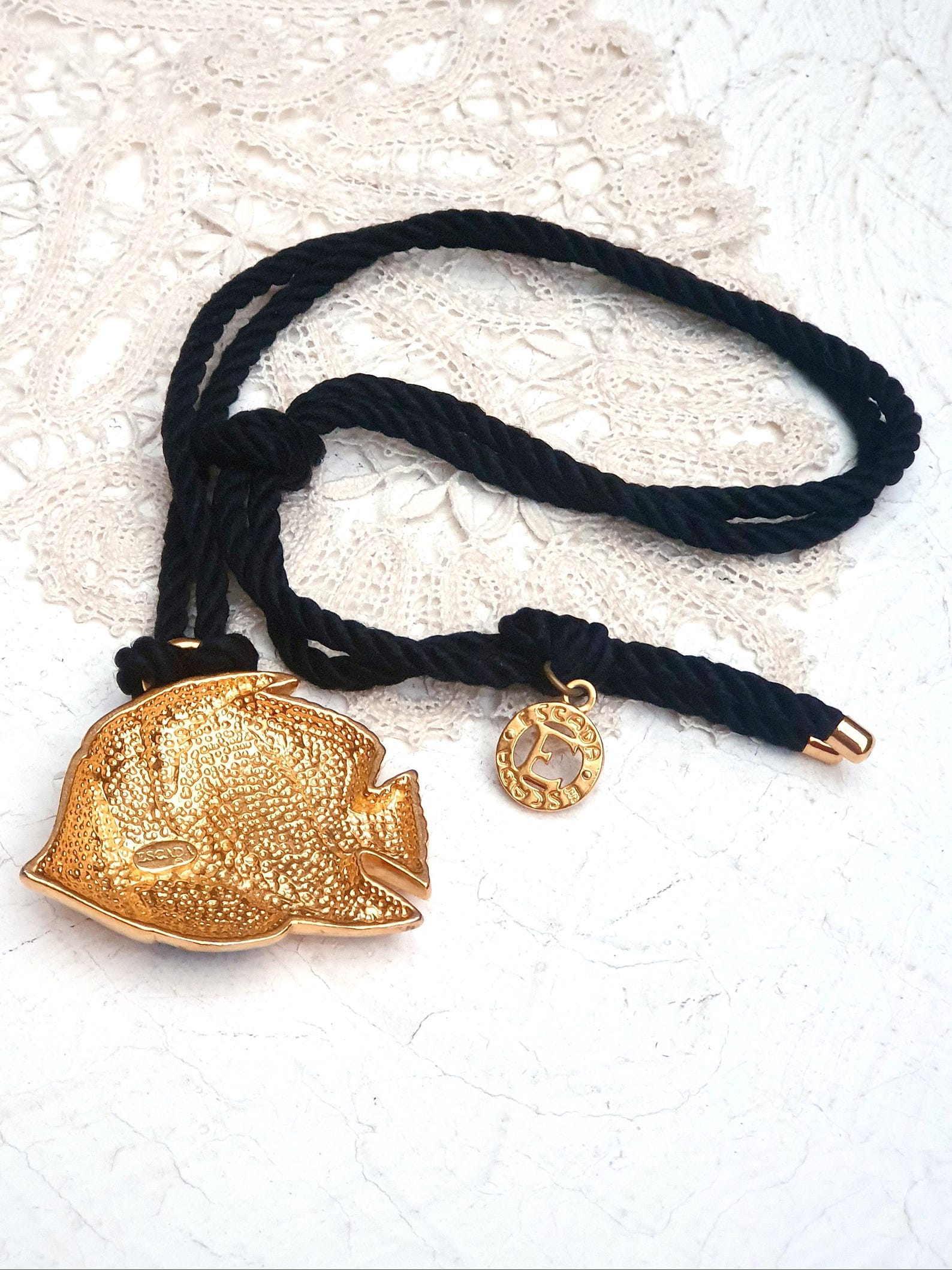 ESCADA RARE 1980s Vintage Angel Fich Pendant on a Rope Necklace Gold ...