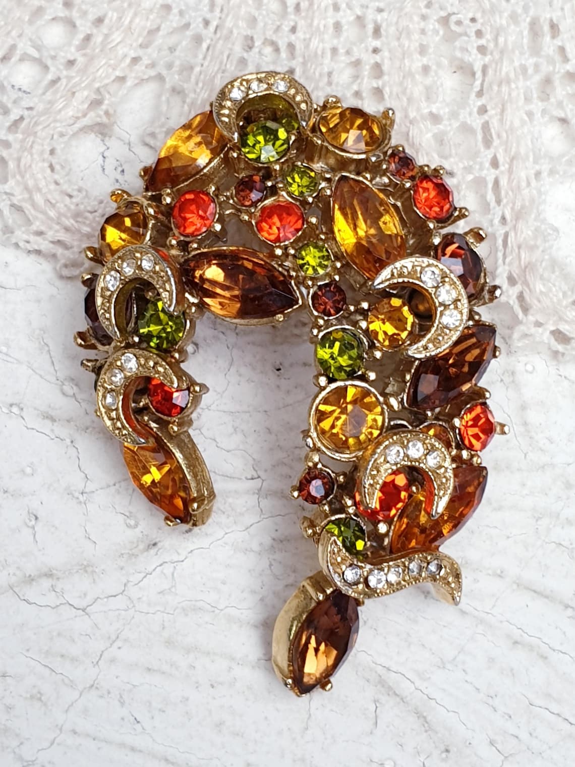 Sphinx Vintage Crescent Moond Brooch With Orange Red, Topaz Yellow and ...