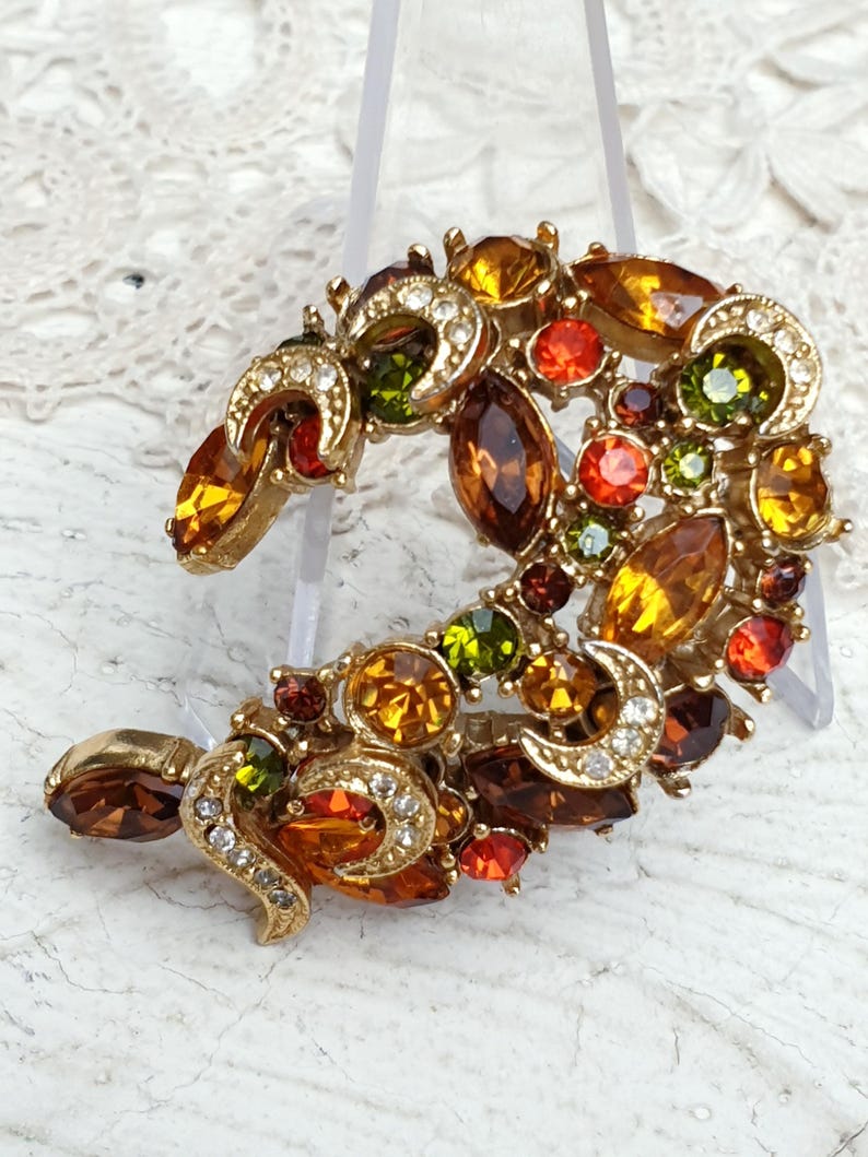 Sphinx Vintage Crescent Moond Brooch With Orange Red, Topaz Yellow and ...