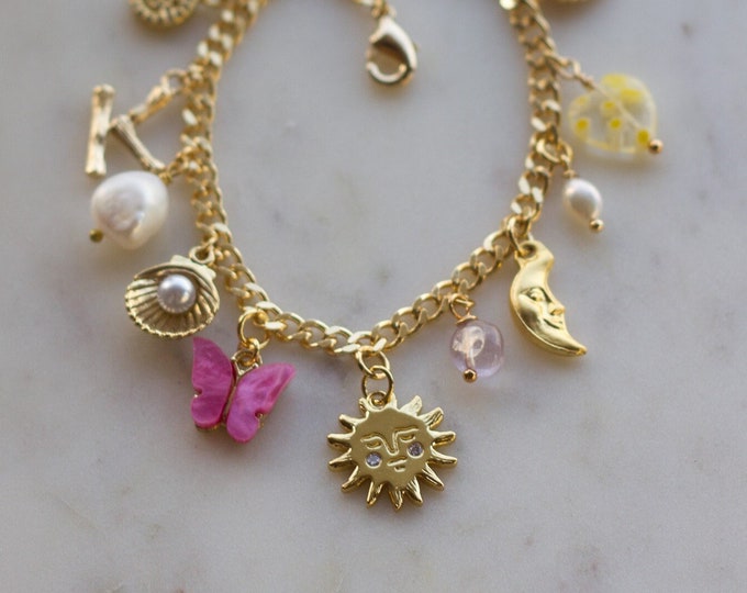 The Moon & Sun Charm Bracelet: Sunshine Pendant, Moon Charm, Pink ...