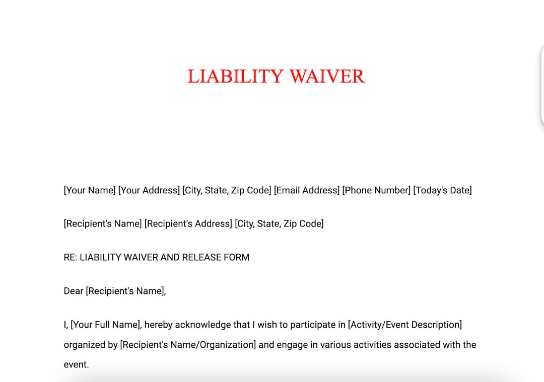 Waiver Template, Liability Form Agreement, Liability Damage Waiver ...