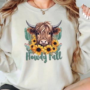 Western Howdy Fall Sweater, Thanksgiving Highland Cow Shirt, Autumn ...