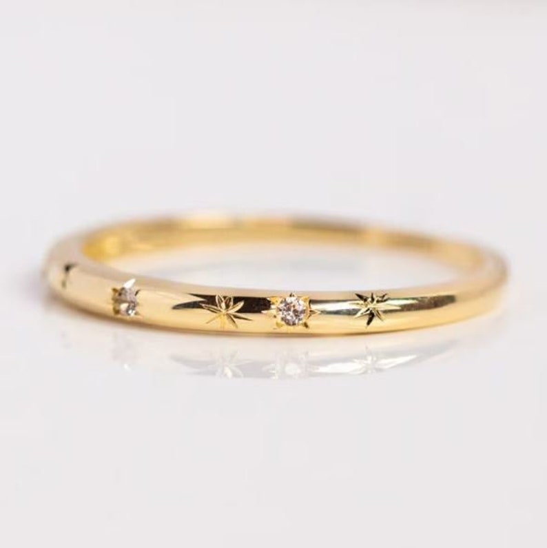 10K Solid Gold Diamond Starburst Wedding Band , Eternity Diamond Band ...