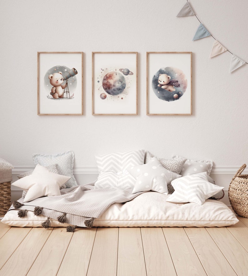 Teddy Bear Astrology, Space Themed, Star Gazing, Celestial, Nursery Art ...