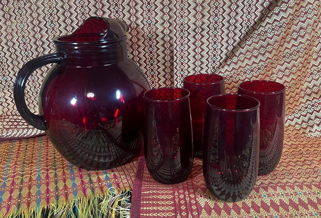 Vintage Royal Ruby Red Glass Ball Pitcher Anchor Hocking Set W/ 4 ...