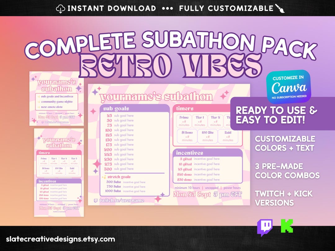 Subathon Template Pack | Retro Y2K Twitch / Kick | Fully Edit in Canva ...