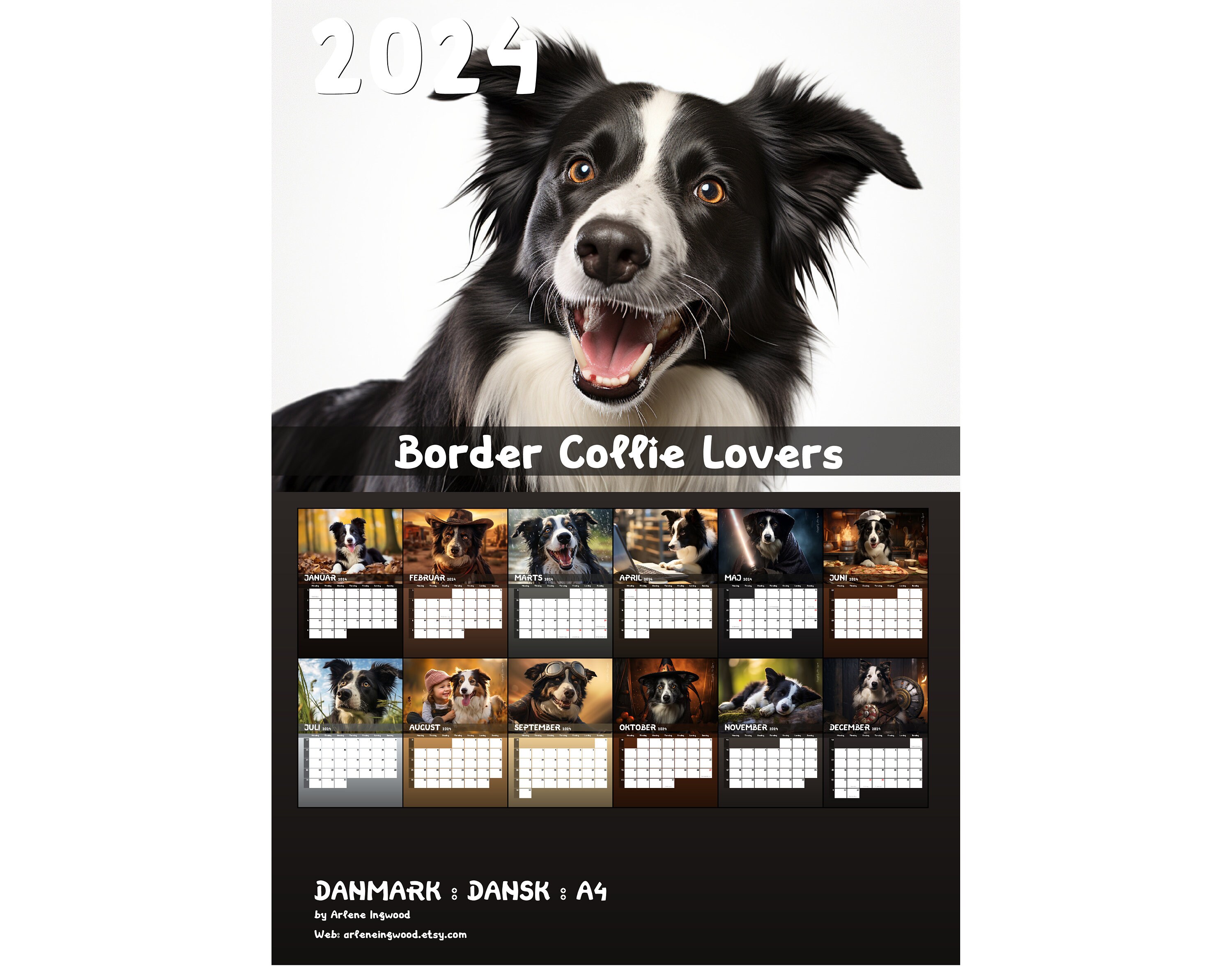 2024 Border Collie Printable Calendar Scandinavia - Etsy