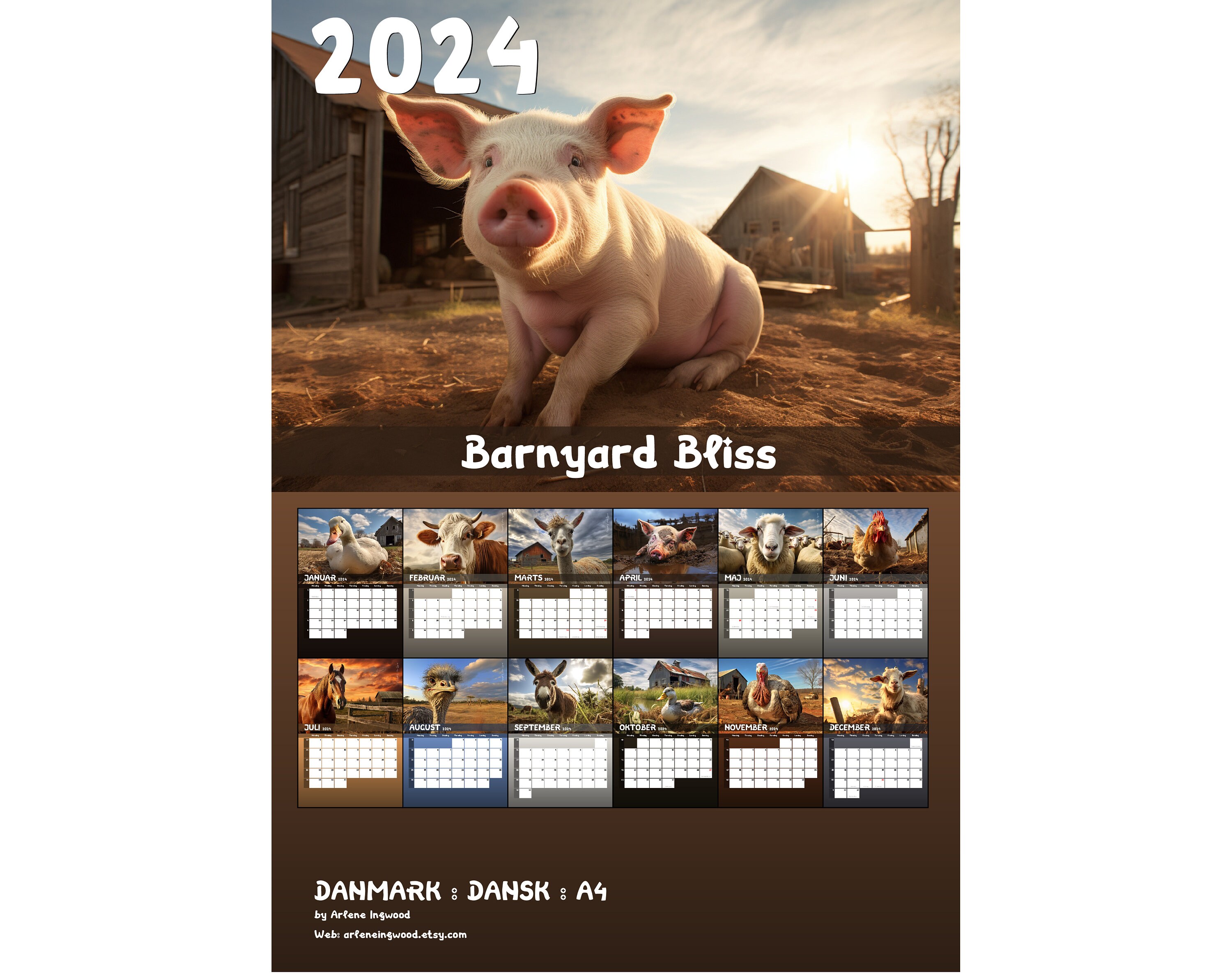 Barnyard Bliss 2024 Calendar Printable Scandinavia - Etsy