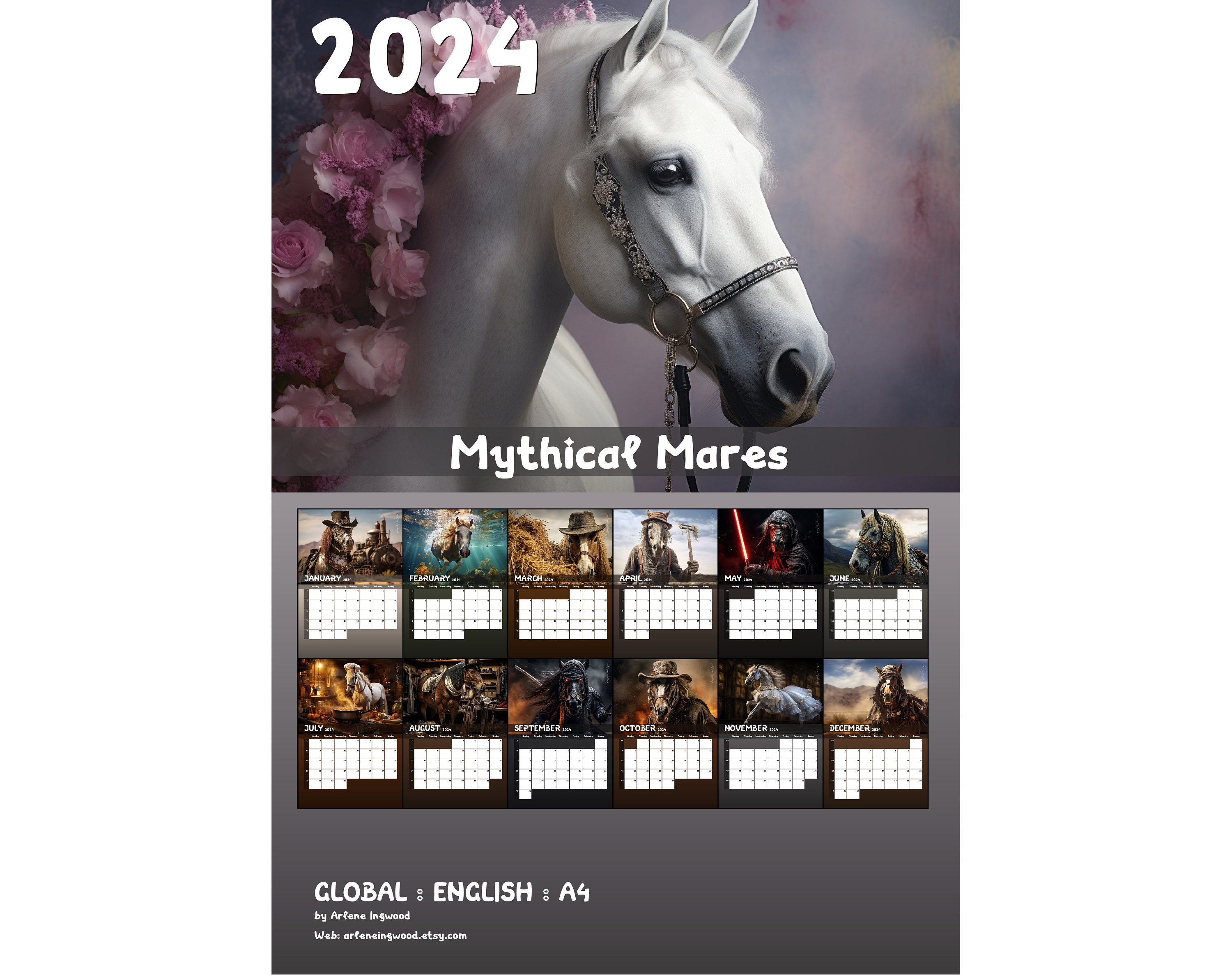 Mythical Mares 2024 Calendar Printable Worldwide - Etsy