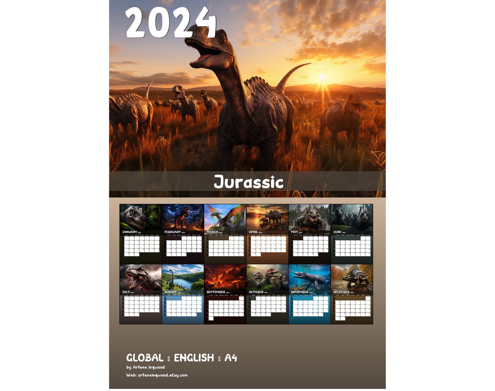 Jurassic 2024 Wall Calendar Printable Worldwide - Etsy
