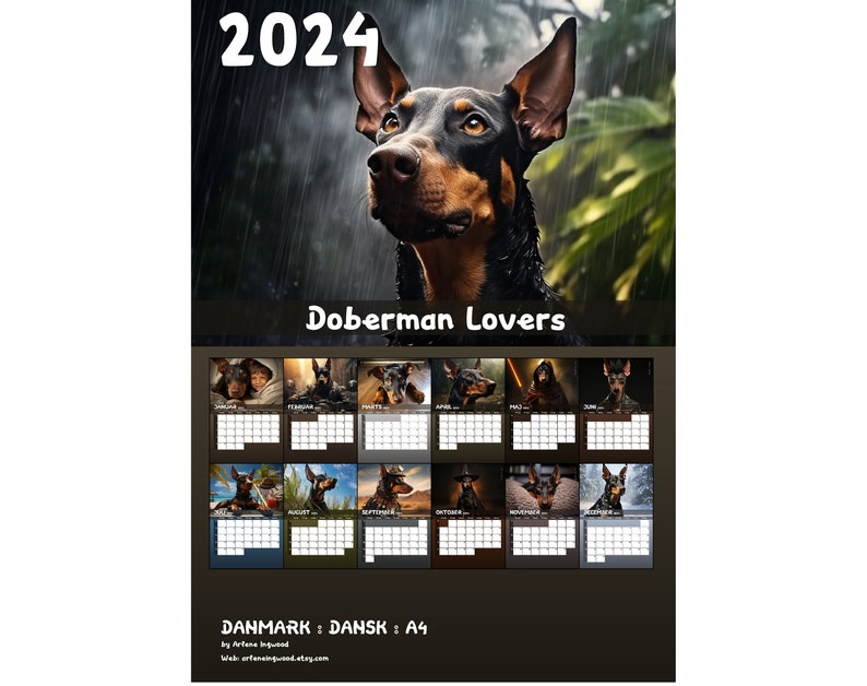 2024 Doberman Lovers Printable Calendar Scandinavia - Etsy