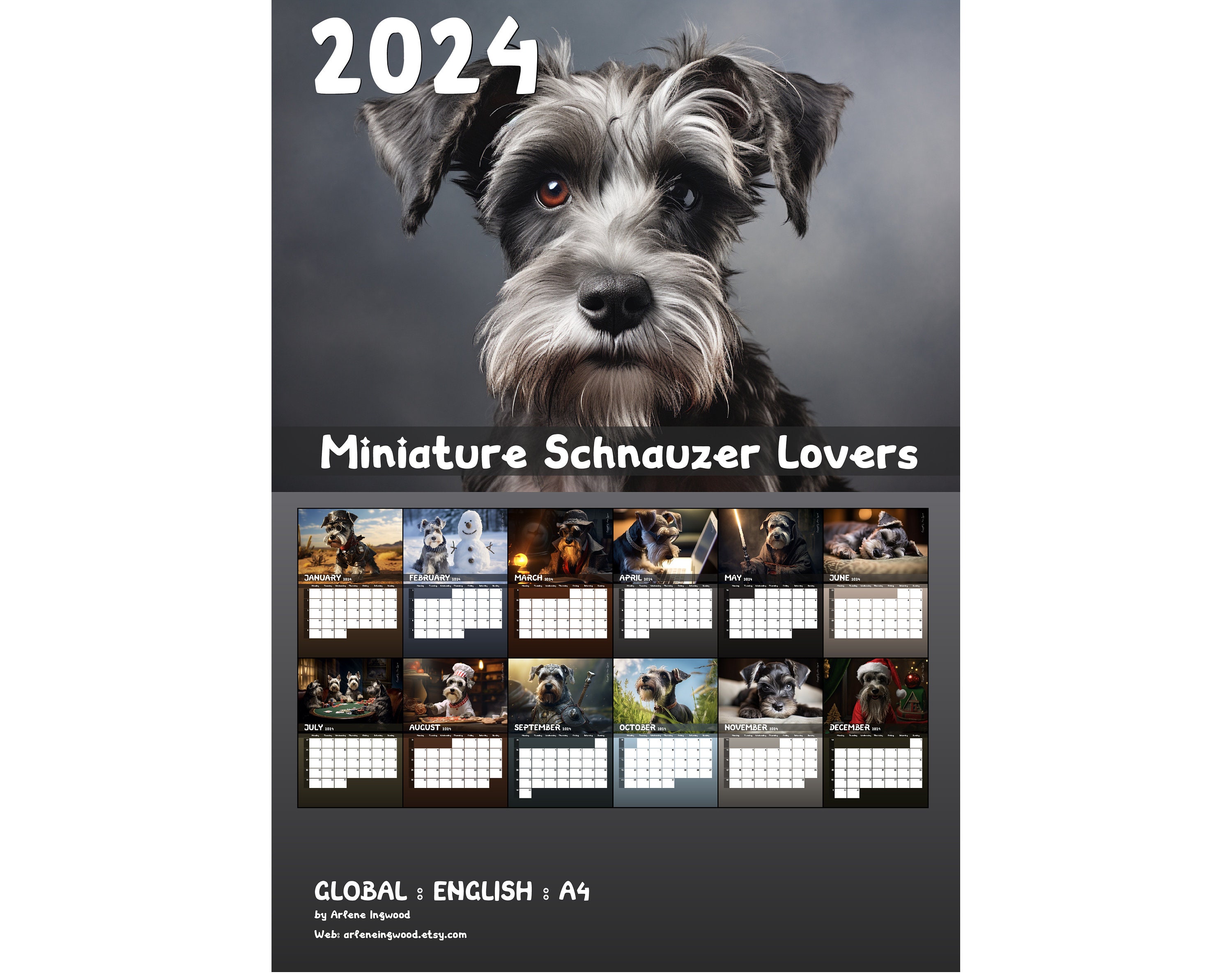 2024 Miniature Schnauzer Calendar Printable Worldwide no Holiday ...