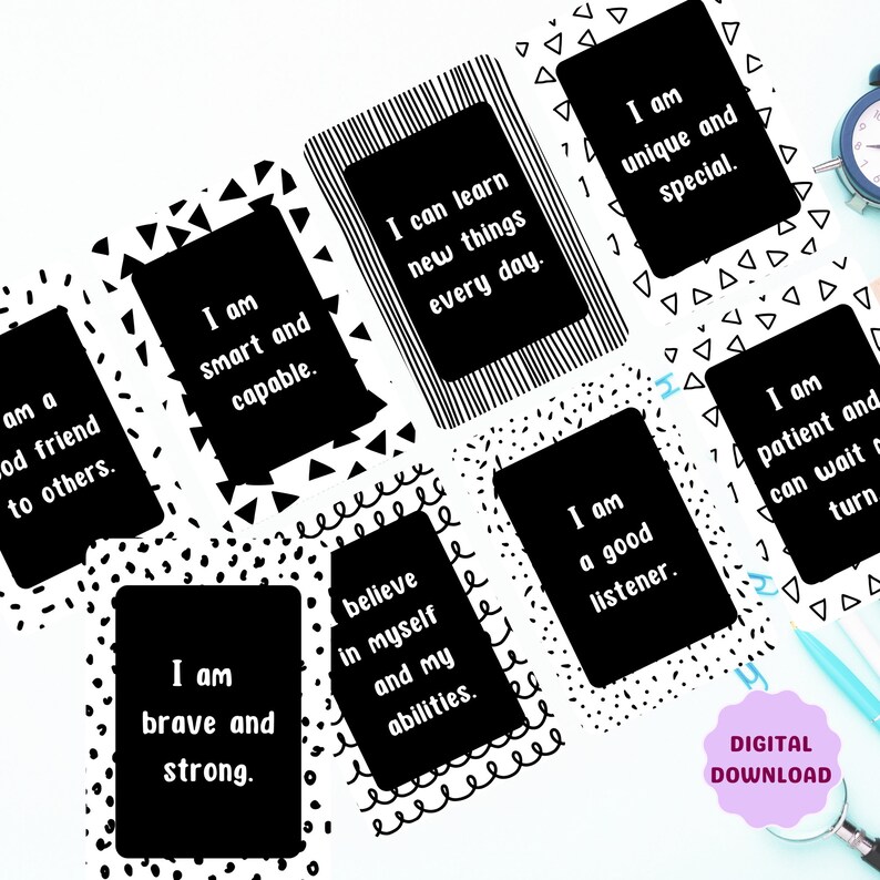 Printable Positive Affirmation Cards for Students, Black and White 5x7 ...