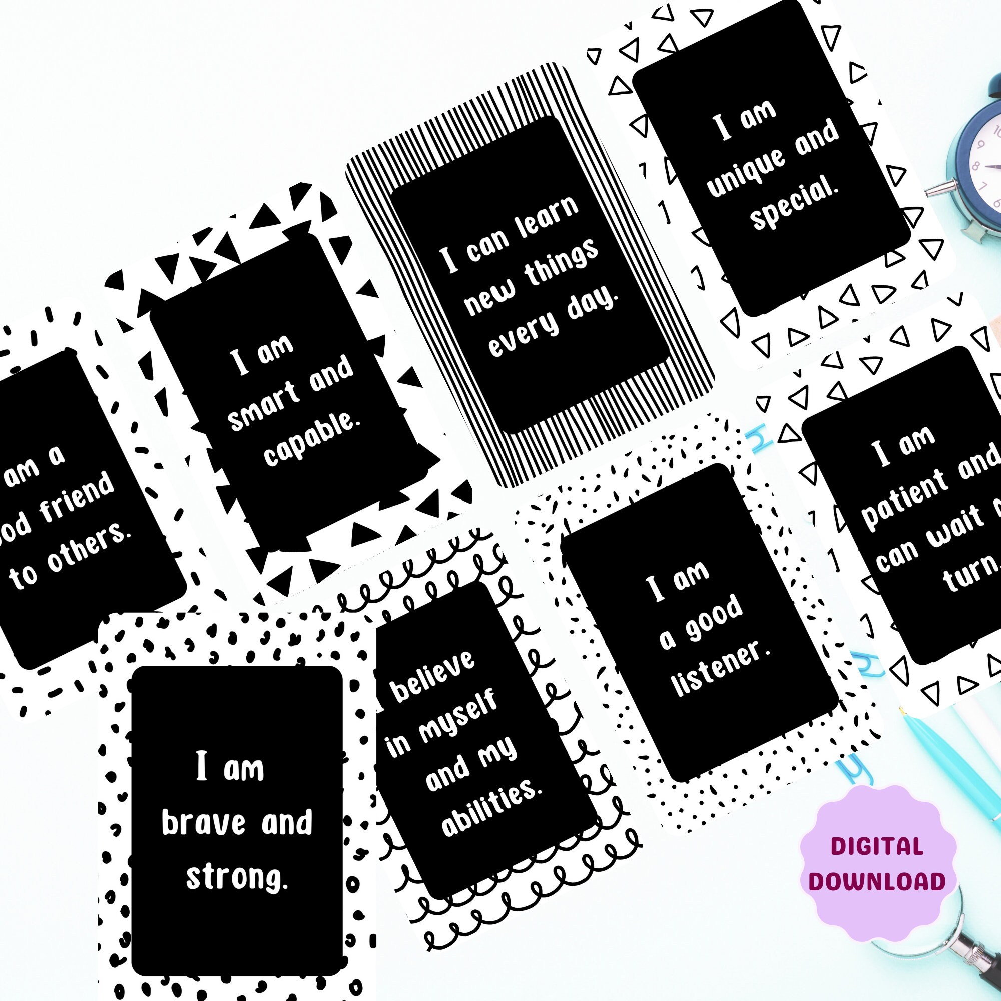 Printable Positive Affirmation Cards for Students, Black and White 5x7 ...