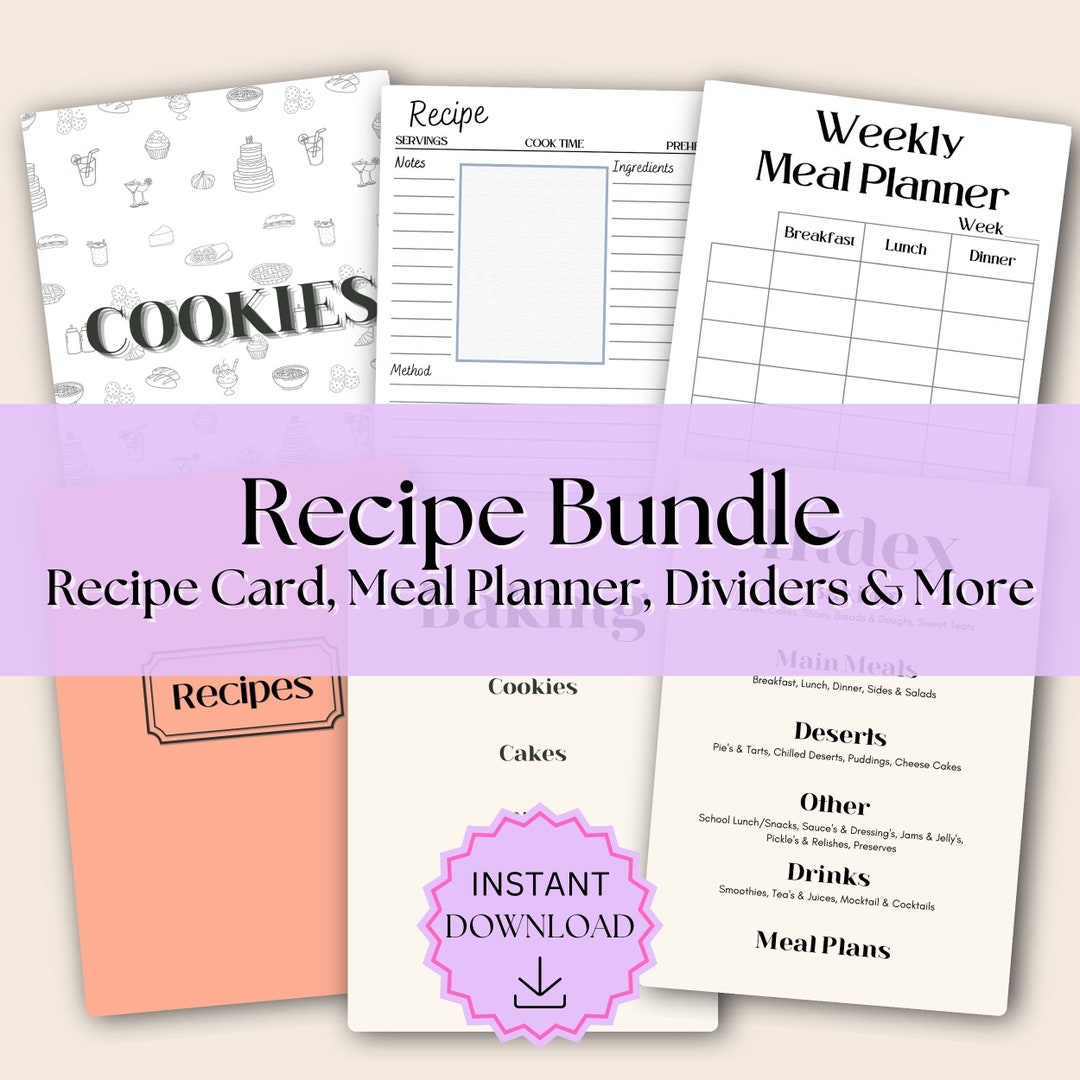 Printable Recipe Bundle, Cook Boo, Recipe & Meal Plan Page, 7 Colored ...