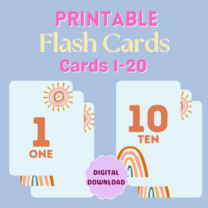 Printable Boho Number Flash Cards 1-20 for Young Kids, Educational 1-20 ...
