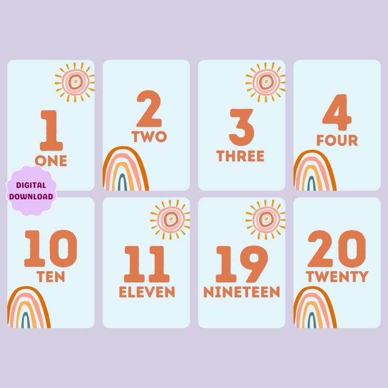 Printable Boho Number Flash Cards 1-20 for Young Kids, Educational 1-20 ...