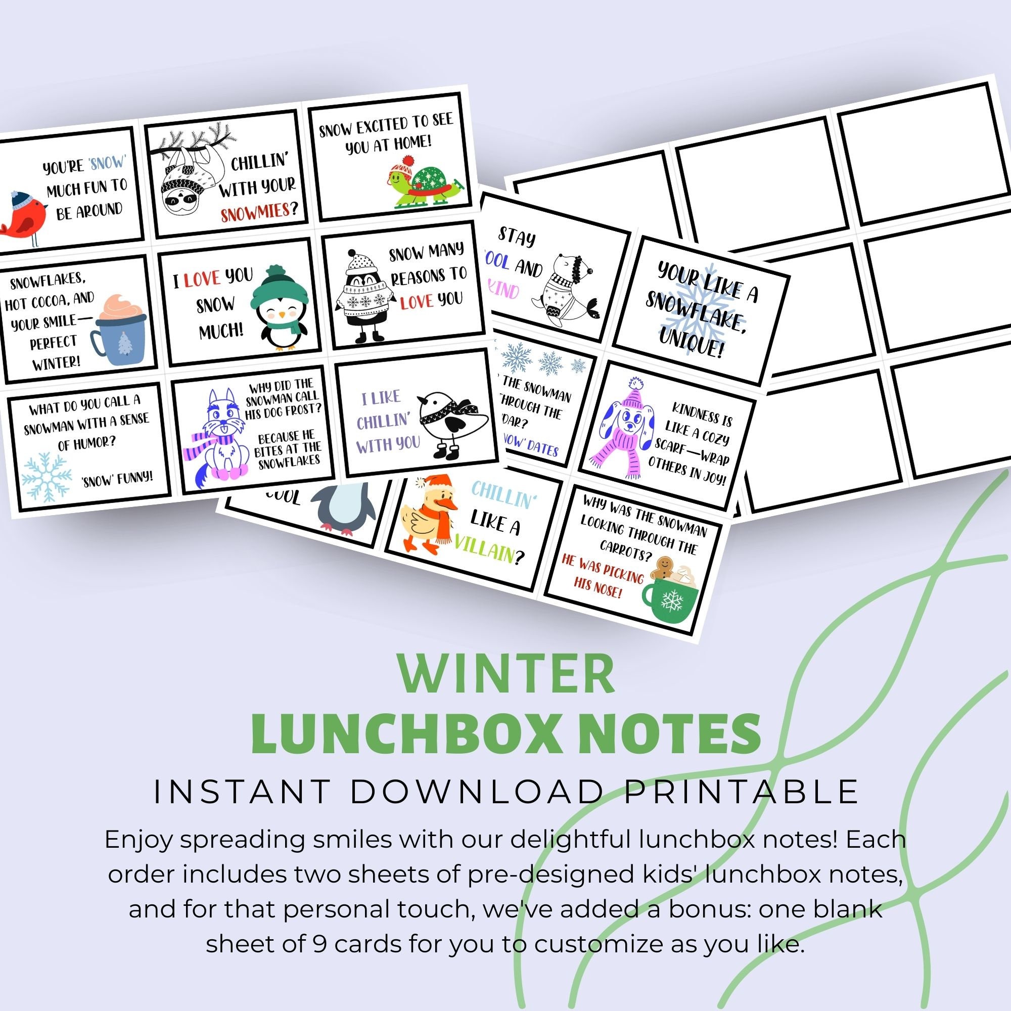 Winter Lunch Box Notes Cute Note Cards Printable Lunchbox - Etsy
