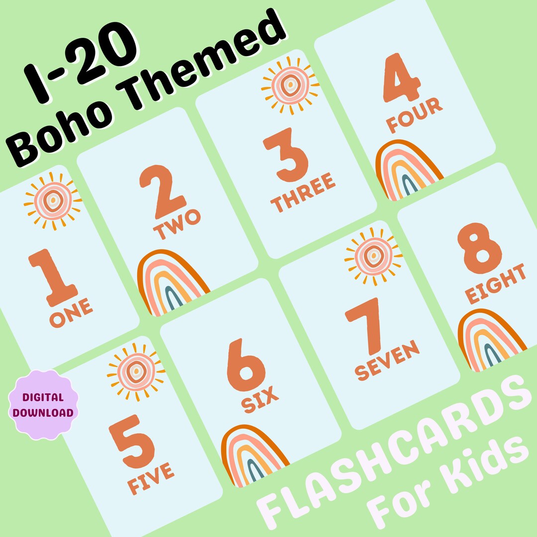 Printable Boho Number Flash Cards 1-20 for Young Kids, Educational 1-20 ...