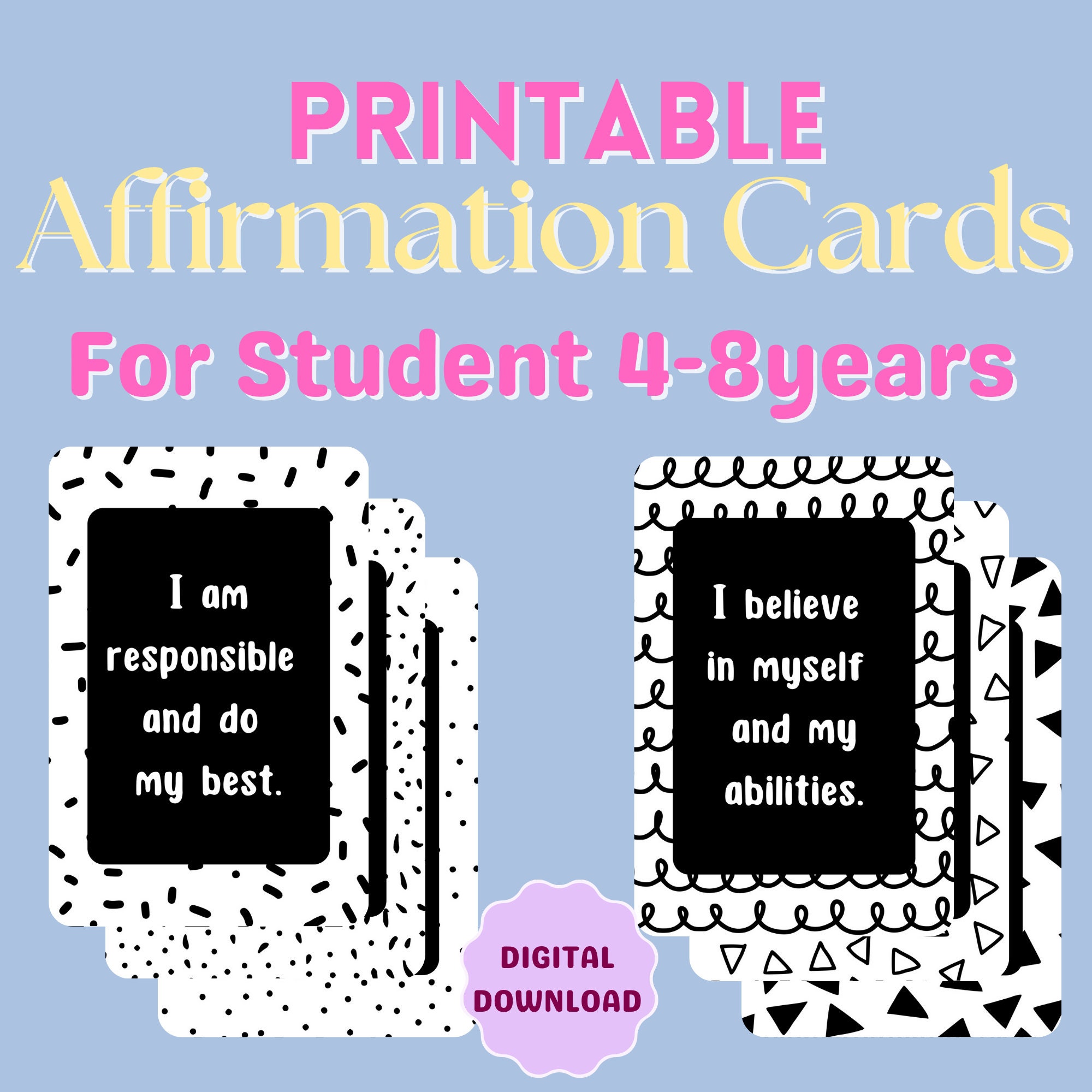 Printable Positive Affirmation Cards for Students, Black and White 5x7 ...