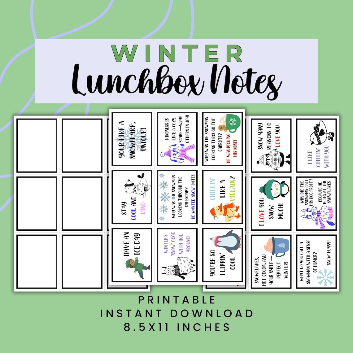 Winter Lunch Box Notes Cute Note Cards Printable Lunchbox - Etsy