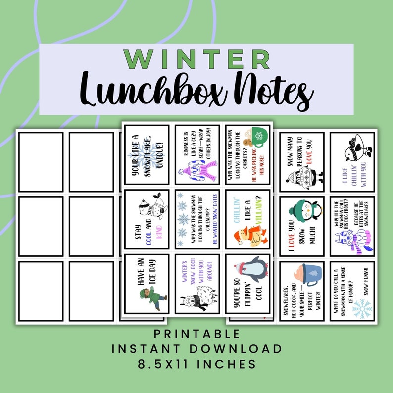 Winter Lunch Box Notes Cute Note Cards Printable Lunchbox - Etsy