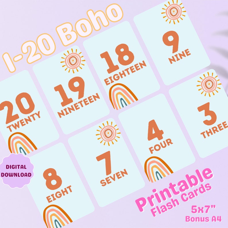 Printable Boho Number Flash Cards 1-20 for Young Kids, Educational 1-20 ...