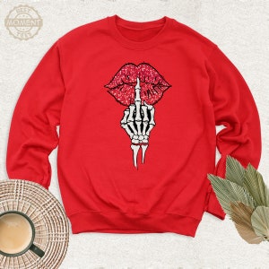 Skeleton Middle Finger Red Kiss Lips Valentines Day Long Sleeve Shirt ...