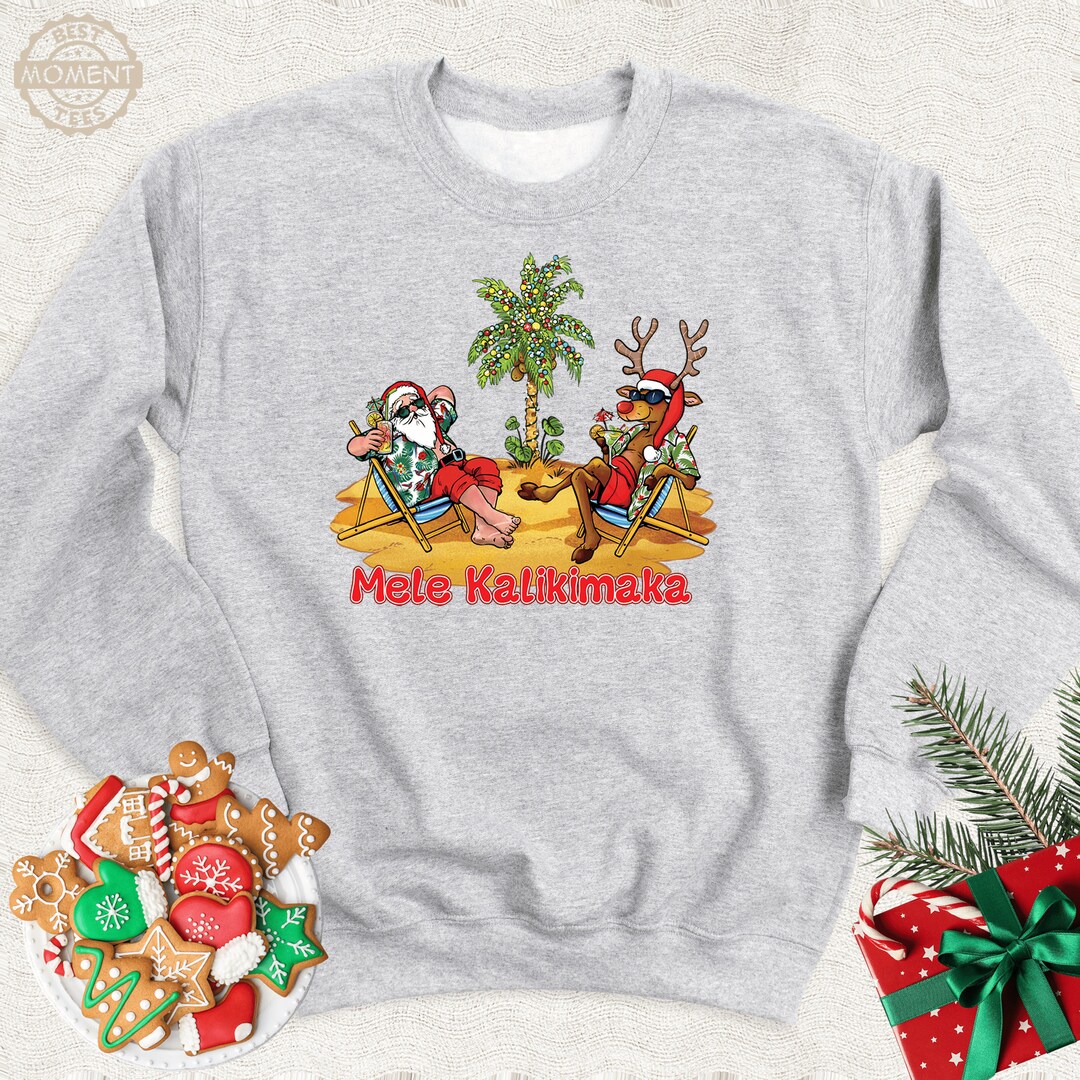 Santa Reindeer Tropical Beach Sweatshirt, Christmas Funny Summer Light ...